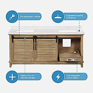 OVE Decors Edenderry 72" Double Undermount Sink Bathroom Vanity with Cultured Marble Countertop and Barn Doors, Pre-Assembled | Backsplash Included | 03 Drawers and Power Bar, 72 inches, Rustic Almond