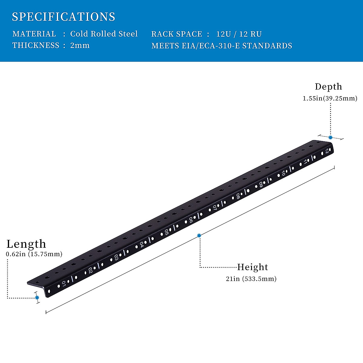 RackPath 12U Vertical Server Rack Rail Pair Kit, DIY Rack Build, 12-24 Screws x48