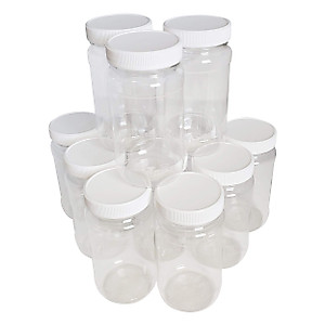 Kelkaa 8oz Clear PET Plastic Jars with White Ribbed PE Lined Caps, BPA Free, Empty Containers, Kitchen Dried Food Storage, Homemade Peanut Butter, All-Purpose Canisters, Made in the USA (Pack of 12)