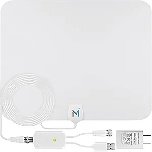 [Early Release 2023 Chip] HDTV Indoor Antenna (White) Long Range 330 Mile Signal Reception; Hi-Power Amplified Antenna + 16.5 ft Coax Cable; Supports All HD Digital TV Formats by Mata1-USA