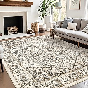 Restydon Washable Rugs 8x10 Area Rugs for Living Room, Non-Slip Backing Large Rug,Vintage Floral Rugs,Ultra-Thin Indoor Rug Home Decor Soft Area Rug (Brown 8'x10')