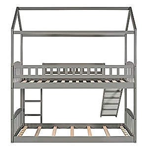 House Bunk Beds with Slide, Twin Over Twin Bunk Bed with Roof, Solid Wood Playhouse Bunk Bed for Kids Girls Boys Teens