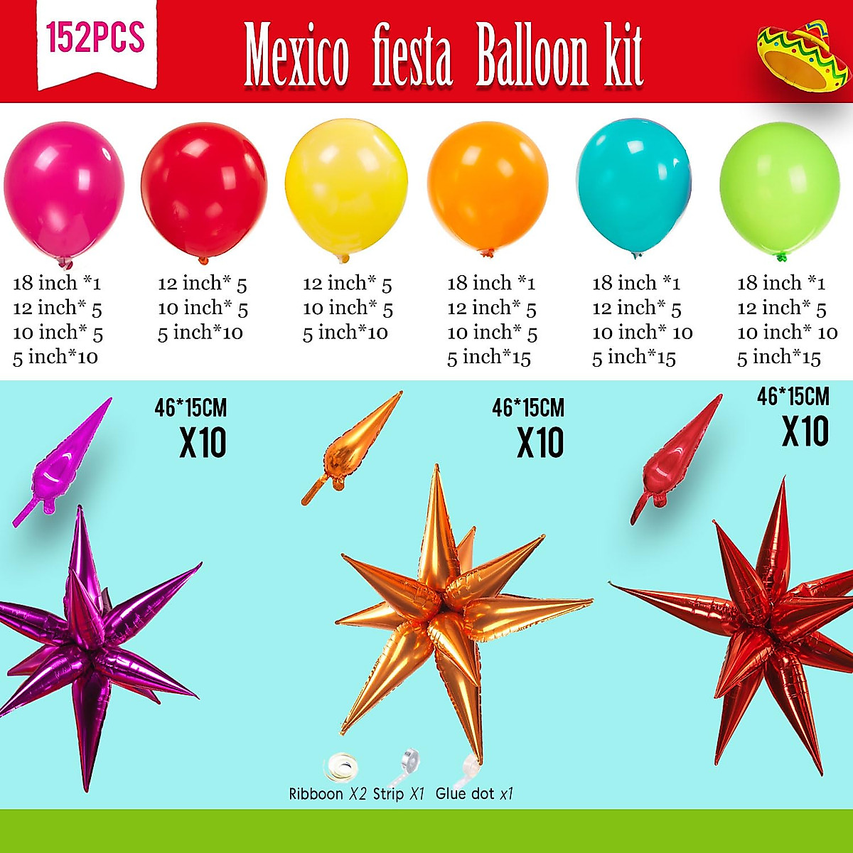 Mexican fiesta cinco de mayo independence Themed Balloon Garland Arch Kit 152 Pieces Hot Pink Red Yellow Orange Blue green Balloons for Mexico Birthday and Baby Shower Party Supplies Decoration