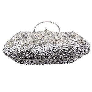 Mogor 1920s Women Vintage Beaded Sequin Evening Handbag Formal Crossbody Evening Clutch Prom Cocktail Party Handbags（Silver）