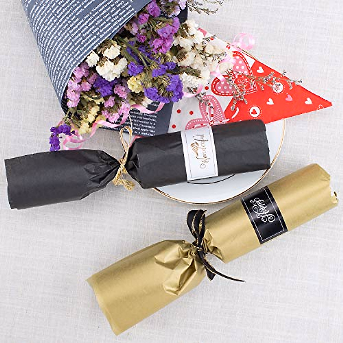 Whaline Metallic Tissue Paper GiftWrapping Paper, Large 20" x 28" for Home, Kitchen, Wine Bottles, DIY Art Craft, 60 Sheet（Gold, Silver and Black）