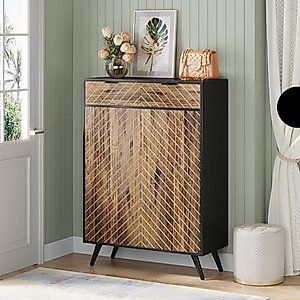TIYASE Shoe Cabinet with Drawers, 20 Pairs Shoe Storage Cabinet with Doors for Entryway, Modern Free Standing Shoe Rack Organizer with Shelves for Bedroom Living Room, Black/Vintage Brown