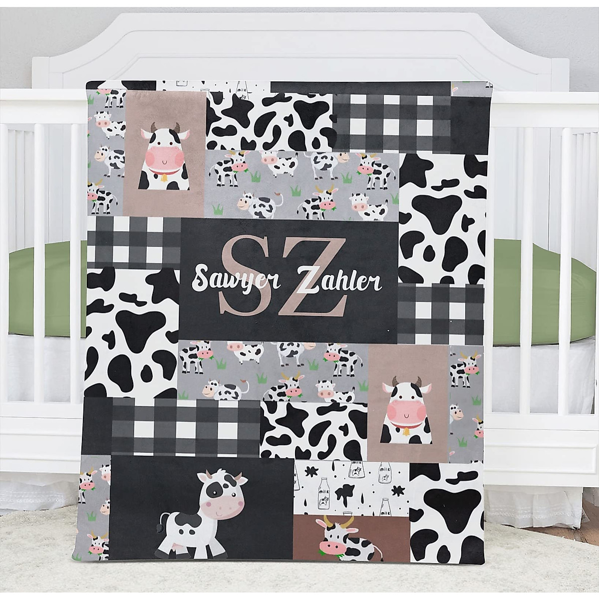 NZOOHY Cow Print Patchwork Personalized Baby Blanket for Girl Boy Soft Warm Newborn Throw Naps Swaddle Custom Blanket 30X40 in