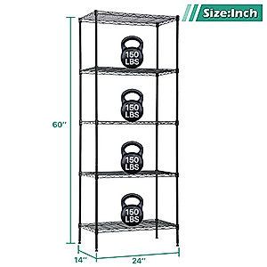 BLKMTY 5-Tier Wire Shelving Metal Shelf Unit Storage Shelves Adjustable Height NSF Shelving Rack Strong Steel for Restaurant Bathroom Garage Pantry Kitchen Garage 14" D x 24" W x 60" H，Black