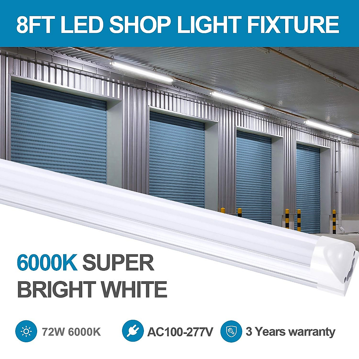 8FT LED Shop Light Fixture, 72W 6000K Cool White, T8 Integrated Strip Factory Lights, Frosted Cover, Linkable, 8 Foot led Lights for Garage, Workshop, Warehouse(25-Pack)