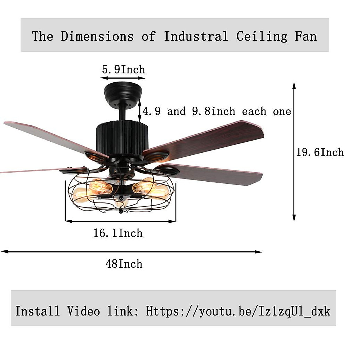 LuxureFan Vintage Industrial Ceiling Fan Light for Restaurant/Living Room with Create Iron Cage Cover Pull Chain/Remote and 5 Reversible Wood Leaves (48Inch)