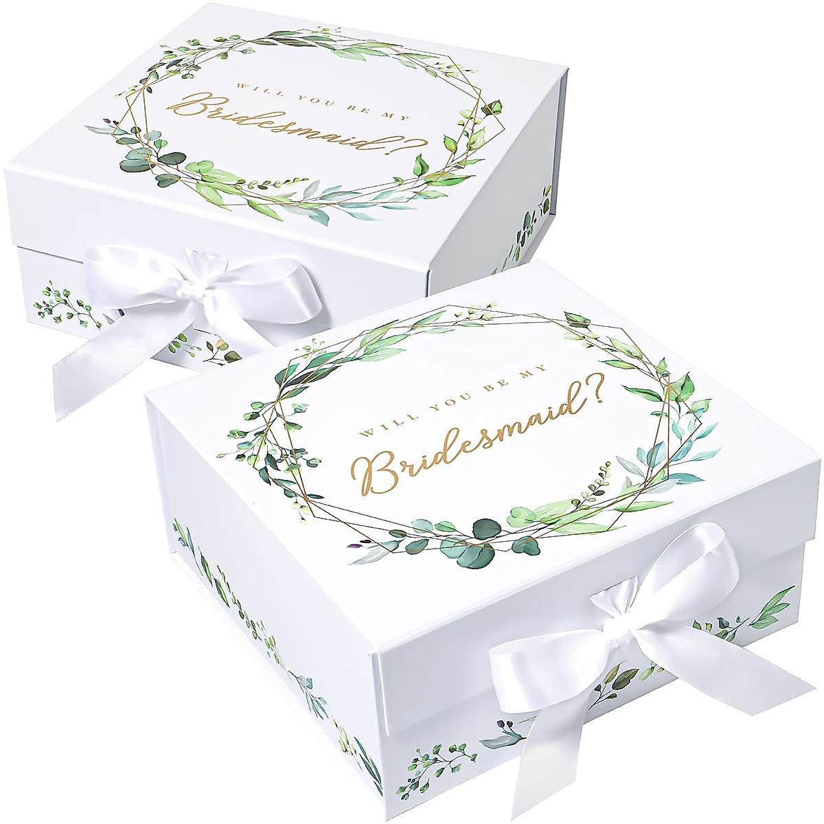 BRIGEL Bridesmaid Proposal Box Set of 3, 3 Will You Be My Bridesmaid Proposal Boxes for Bridesmaid Gifts, Leaf-Patterned White Box with Gold-Foiled Text, Magnetic Closure, and a White Ribbon