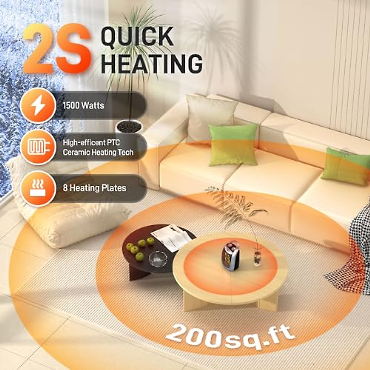 Rintuf Small Space Heater, 1500W Electric Heater, PTC Fast Heating Ceramic Heater w/ 3 Modes, Adjustable Thermostat, Overheat/Tip-Over Protection, Portable Heater for Office Room Desk Indoor Use