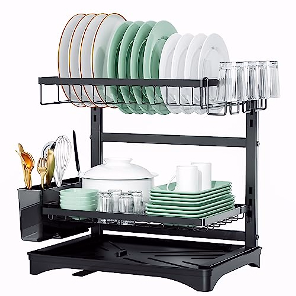 KOOTETA Dish Drying Rack, 2-Tier Dish Rack for Kitchen Counter, Space Saving Kitchen Drying Rack, Dish Dryer Rack with Drainboard, Utensil Holder and Cup Holders, Black