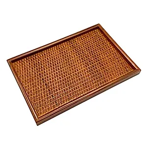 Cabilock Rustic Wooden Serving Trays Rattan Handwoven Rectangular Utensils Food Tea SPA Salon Tray Sundries Storage Organizer Farmhouse Decoration for Home Restaurant Brown 30x20cm