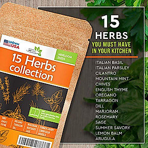 15 Culinary Herb Seeds Pack - Heirloom and Non GMO, Grown in USA - Indoor or Outdoor Garden - Basil, Parsley, Dill, Cilantro, Rosemary, Mint, Thyme, Oregano, Tarragon, Chives, Sage, Arugula & More
