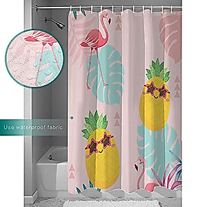 Shower Curtain, Flamingo Pineapple Palm Leaf Tropical Hawaii Washable Shower Curtain with Hooks Bath Decor Fabric Shower Curtains for Bathroom, Hotel, Stalls, Bathtubs, 72x84 in