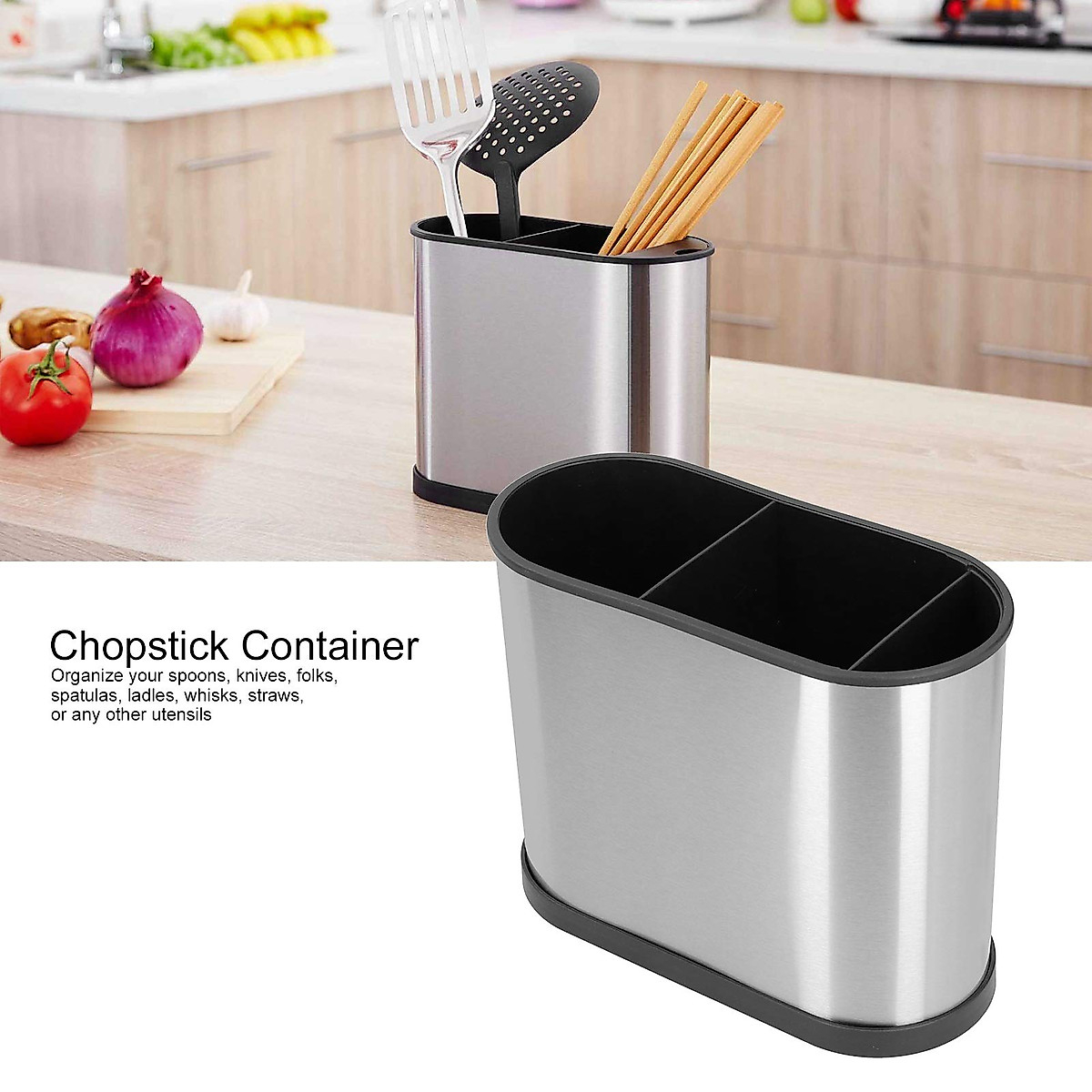Utensil Holder, Kitchen Utensil Holder with Bottom Holes for Kitchen Counter (H7.1” x W3.8”x L8.7”), Stainless Steel Cooking Utensil Holder, Stylish Countertop Organizer and Kitchen Decor Caddy