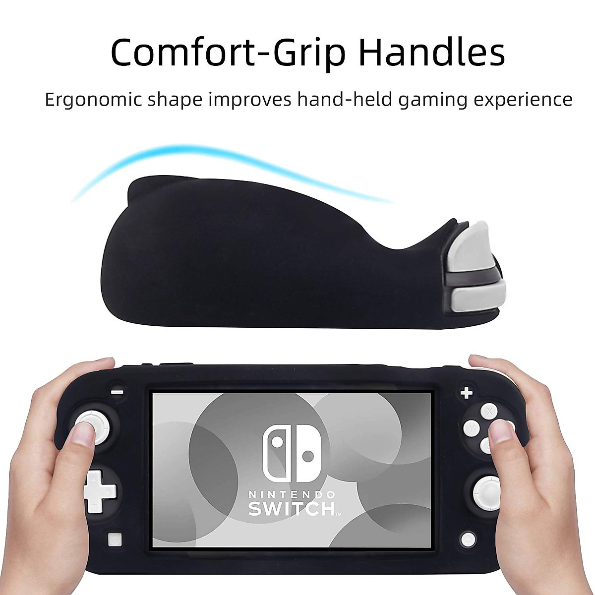 Silicone Protective Case for Nintendo Switch Lite, Soft Grip Case Cover with Comfort Ergonomic Handles for Nintendo Switch Lite 2019 [Self Stand][4 Thumb Stick Caps] (Black)