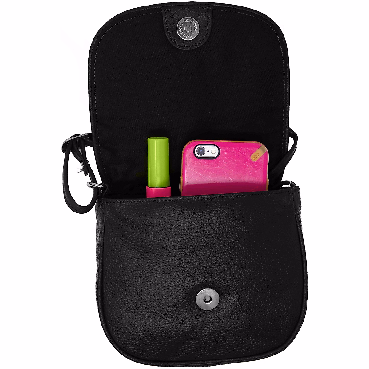 Genuine Cowhide Black Leather Crossbody Bag (5.5” X 7.5”) With Flap Closure