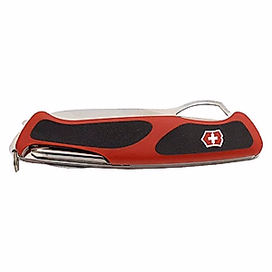 Victorinox Ranger 78 M Grip Swiss Army Knife, 12 Function Swiss Made Pocket Knife with Large Lock Blade, Tweezers and Wood Saw – Red/Black
