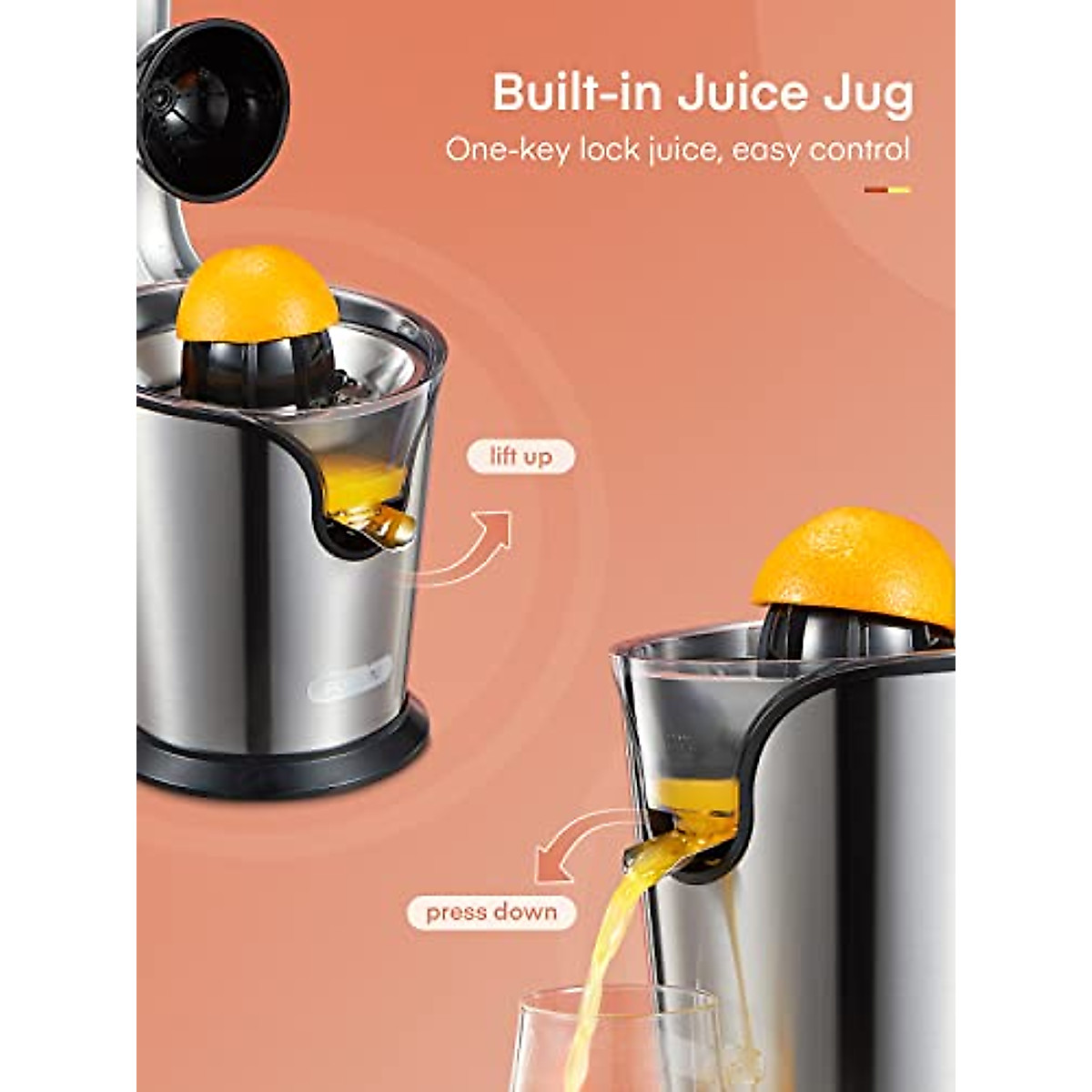 FOHERE Citrus Juicer Electric Orange Juicer with Humanized Handle and Two Size Cones for Grapefruits, Orange and Lemon, Powerful 160W Silent Motor Stainless Steel BPA-Free, Silver