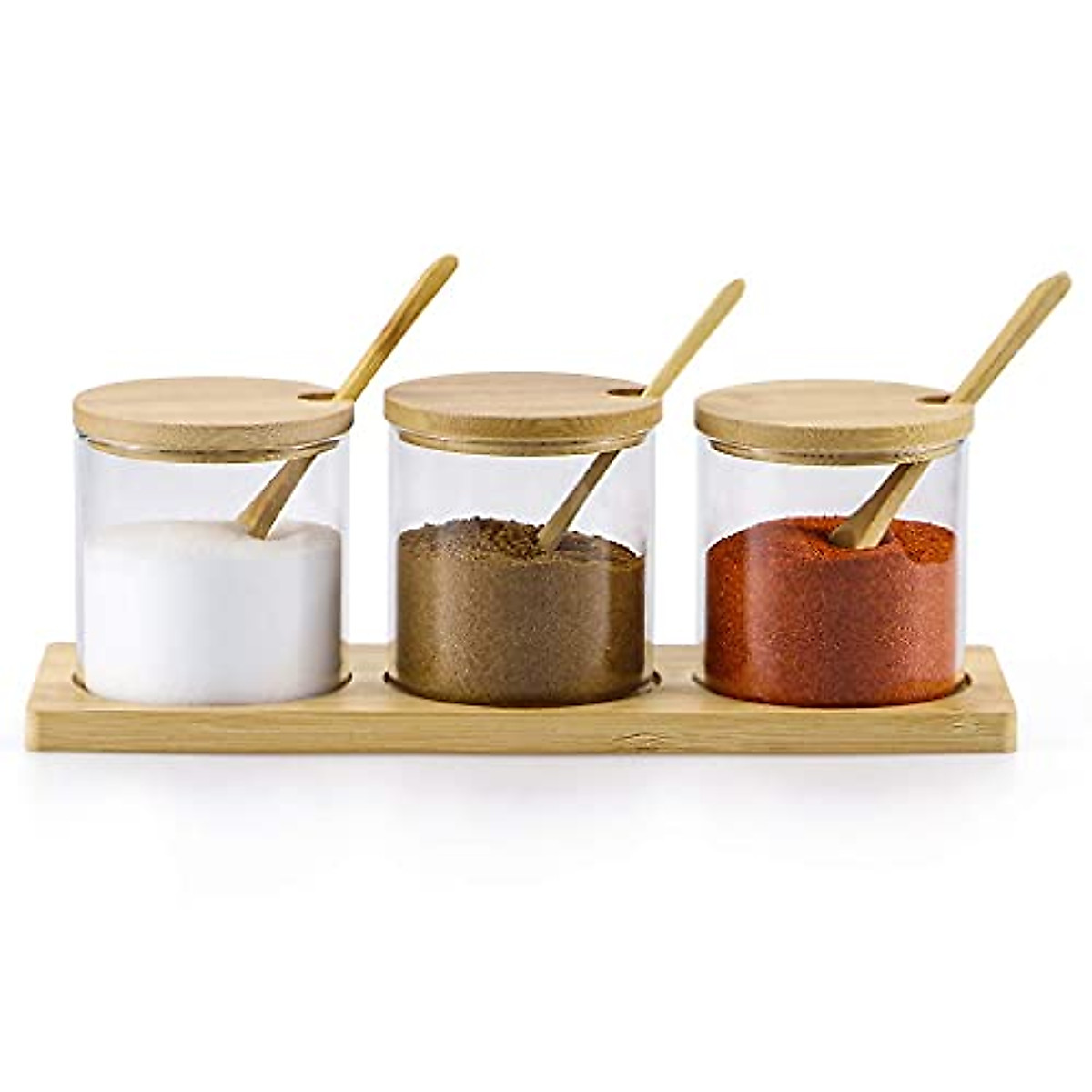 MDLUU Condiment Jars with Bamboo Lids and Spoons, Seasoning Box Set with Bamboo Tray, Spice Containers for Sugar, Salt, Pepper, 300ml/10oz, Pack of 3