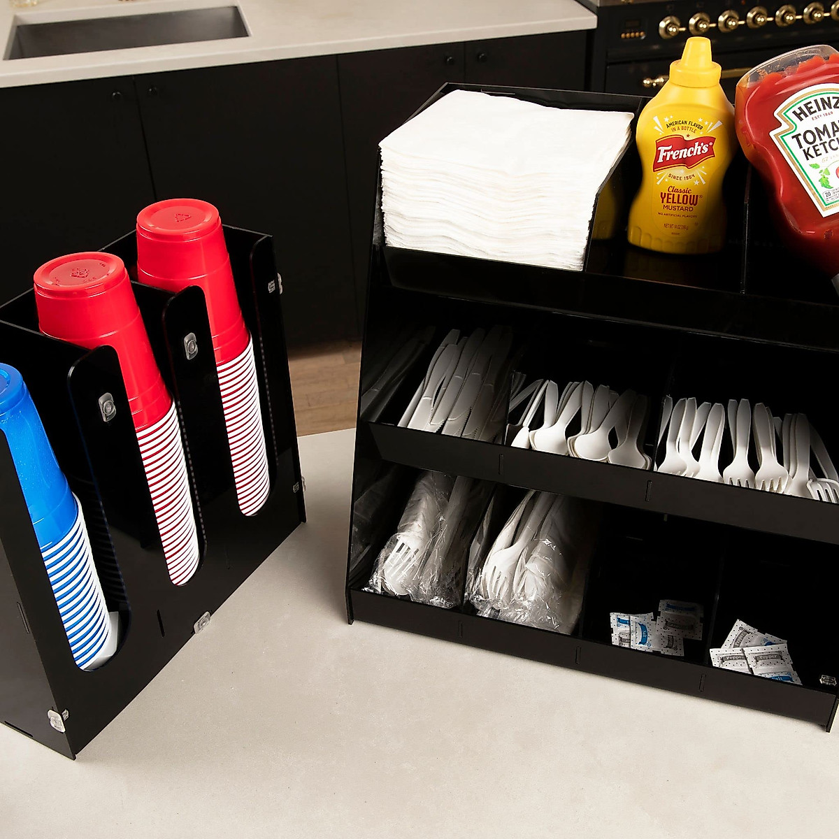 Condiment Organizer - Coffee Condiment Organizer, Caddy for K-Pods, Snack, Tea Bags, Disposable Cups, Coffee Bar Bin Box, Coffee Pods Holder, Farmhouse Decor