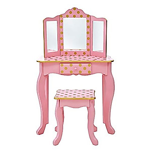 Teamson Kids Pretend Play Kids Vanity, Table & Chair Vanity Set with Mirror, Girls Makeup Dressing Table with Storage Drawer & Polka Dot Print, Gisele Collection, Pink/Gold