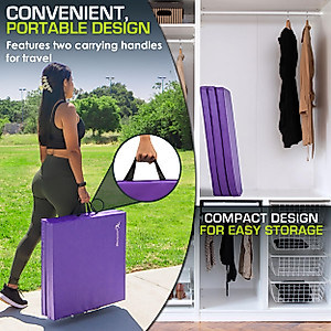 ProsourceFit Tri-Fold Folding Thick Exercise Mat 6’x2’ with Carrying Handles for MMA, Gymnastics, Stretching, Core Workouts, Purple, ps-1948-tfm-purple