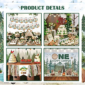 Hombae One Happy Camper Birthday Decorations, First Birthday Decorations, Camping 1st Birthday Party Decor, Green Backdrop Balloon Banner Cake Topper Crown Poster Cutout Balloon Boxes 114 PCs