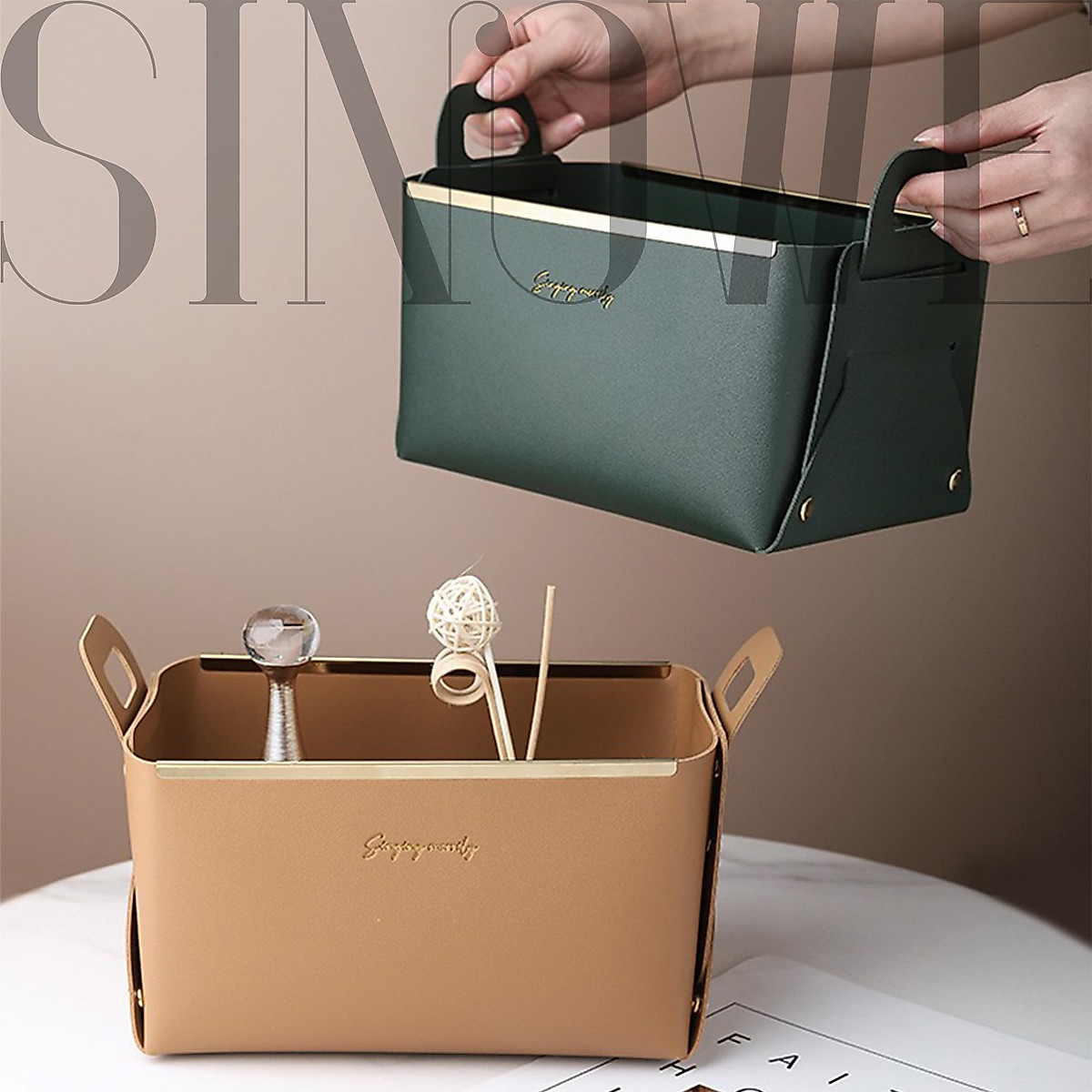 Decorative Faux Leather Basket,Small Catchall Basket for Entryway Bedside Dresser End table,Collapsible Rectangle Tray Organizer Box,Set of 2,Brown