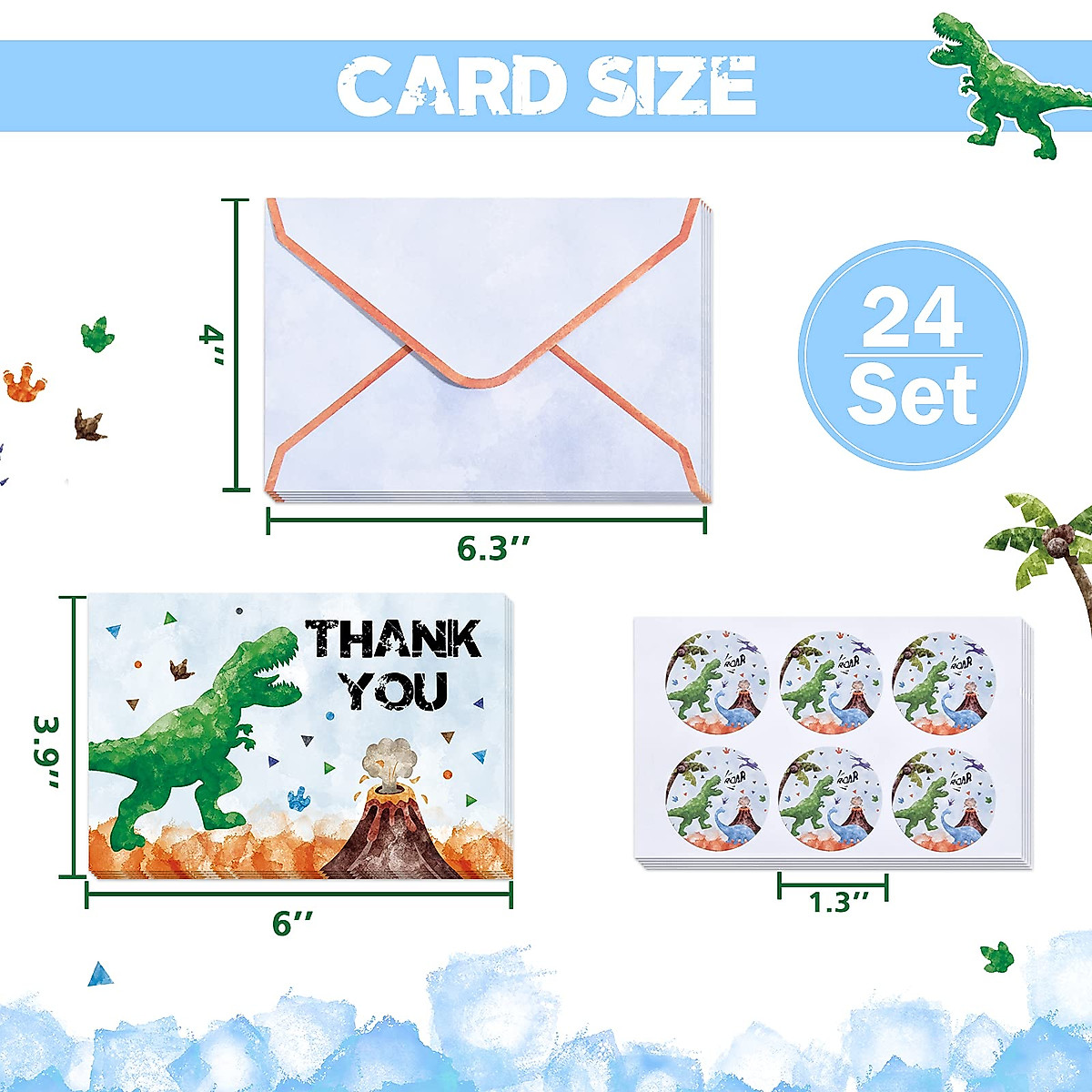 WERNNSAI Watercolor Dinosaur Kids Thank You Cards with Envelopes - Dinosaur Theme Party Supplies 24 Pcs Birthday Note Card with Dino Stickers for Boy Girl Fill in Blank Gift Cards 4'' X 6''