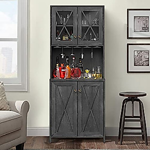 YITAHOME Farmhouse Bar Cabinet for Liquor and Glasses, Dining Room Kitchen Cabinet with Wine Rack, Upper Glass Cabinet, Open Storage Shelves for Living Room, Hallway, Charcoal Grey