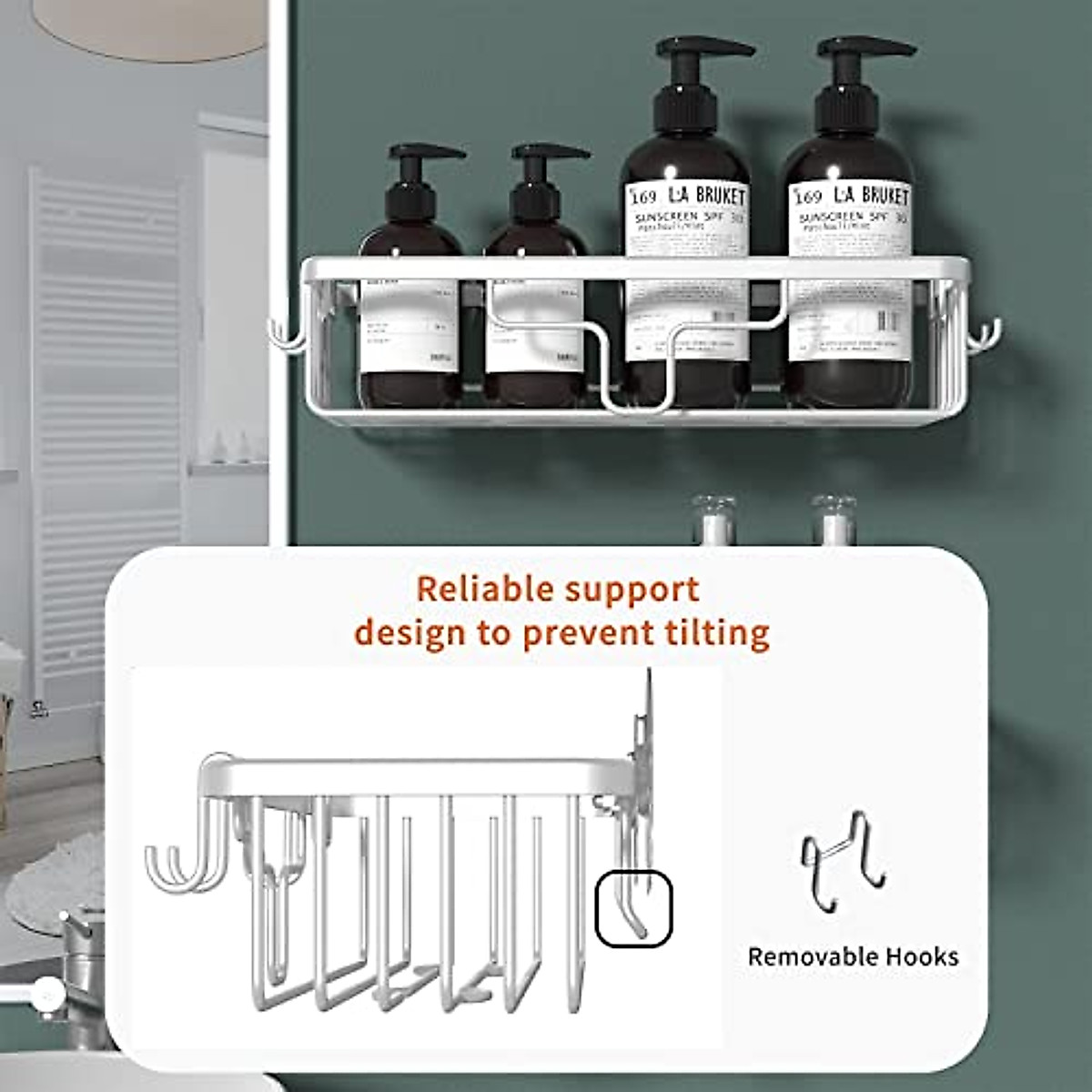 Noele 2-Pack Shower Caddy with Removable Hooks, Adhesive Shower Basket Shelves No Drilling, Rustproof Aluminum Storage Organizer Rack for Bathroom Toilet Kitchen