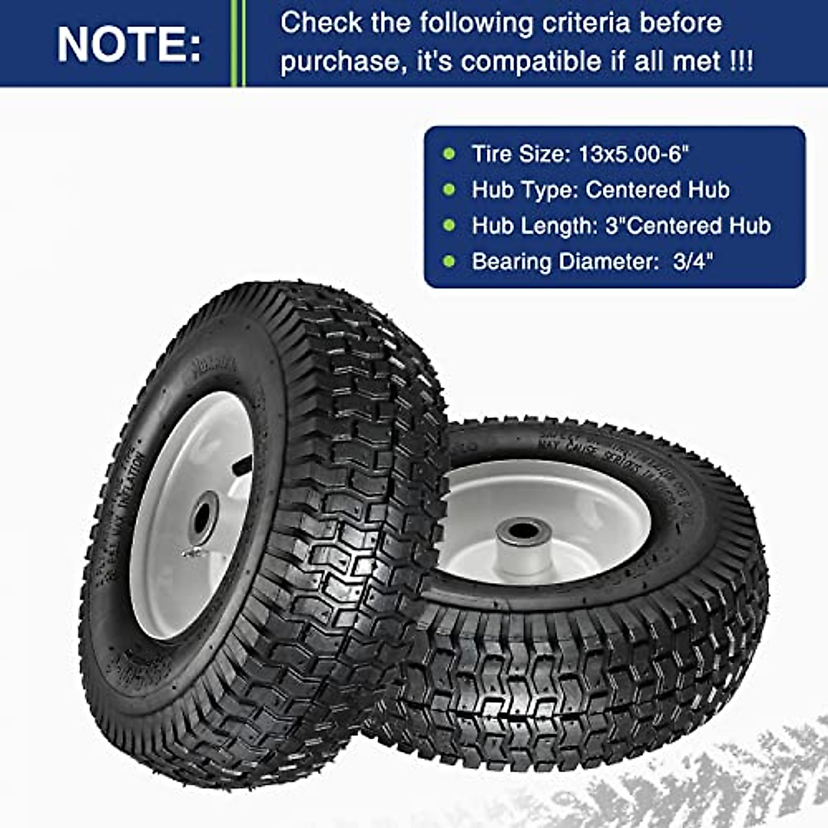 MaxAuto 2Pcs 13x5.00-6 Pneumatic (Air Filled) Lawnmower Tire on Wheel, 3" Centered Hub, 3/4" Bushing