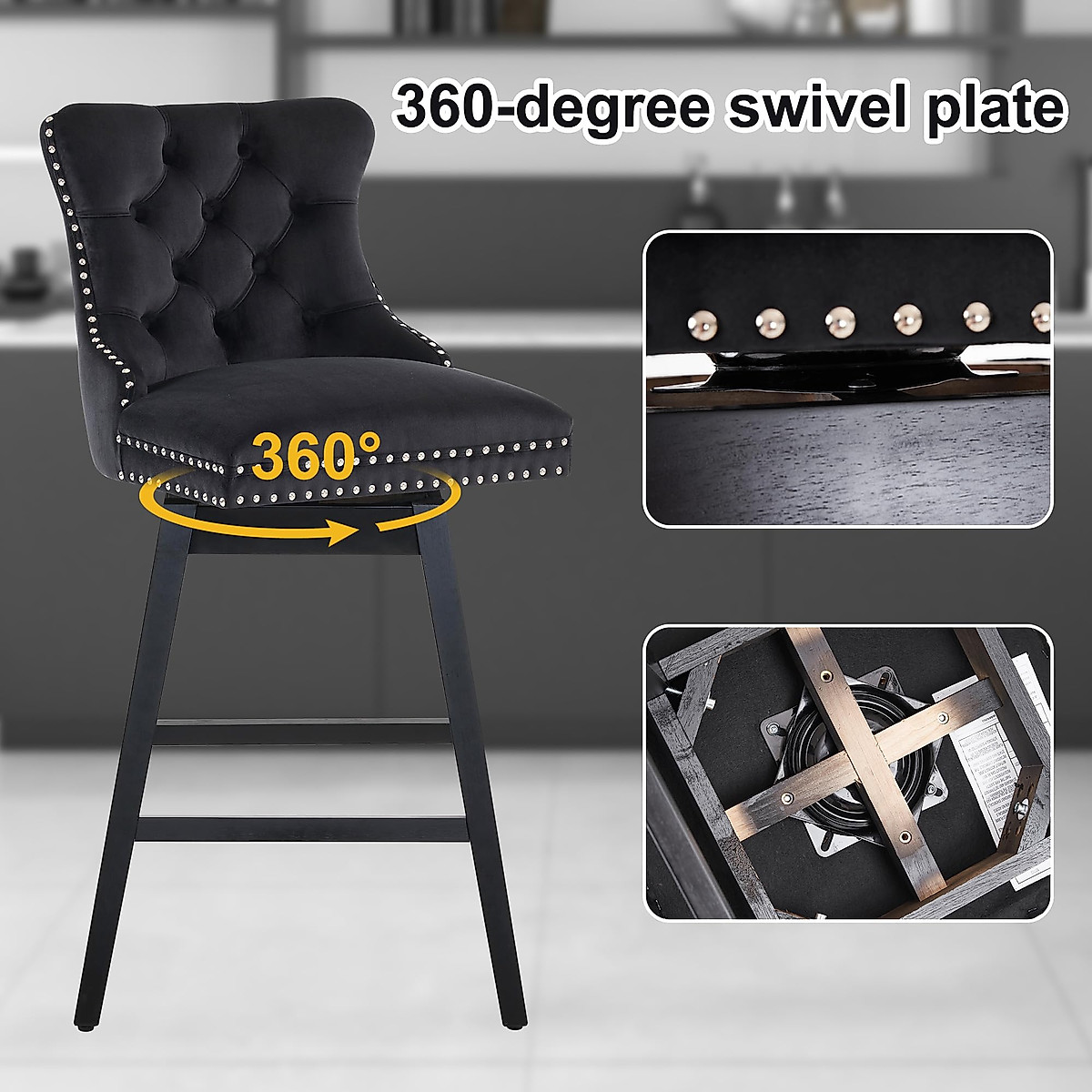 Fahomiss Swivel Bar Stools, Barstool Set of 4 with Back, Bar Height Stools, Black Barstools for Kitchen Island, Counter Height Velvet Bar Stools with Upholstered Seat, Wood Legs for Home Bar