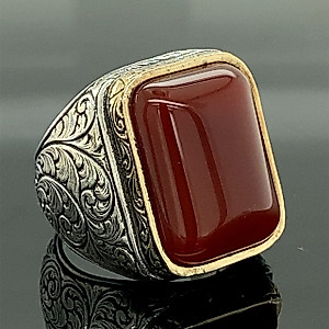 Men Handmade Ring, Red Agate Ring, Dark Aqeeq Gemstone Ring, Ottoman Style Ring, 925k Sterling Silver, Gift For Him