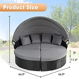 Oakmont Outdoor Patio Furniture Canopy Daybed Round Sofas, 4 Pieces Seating Separates Cushioned Seats, Black Wicker, Lawn Poolside Garden, Grey
