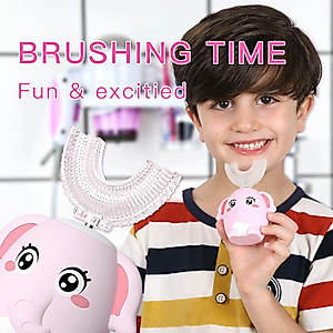 ELOTAME Kid Electric U Shaped Toothbrush with 4 Soft Brush Heads Rechargeable Children Toothbrush with 6 Cleaning Modes IPX7 Waterproof - (Age 2-7 Pink)