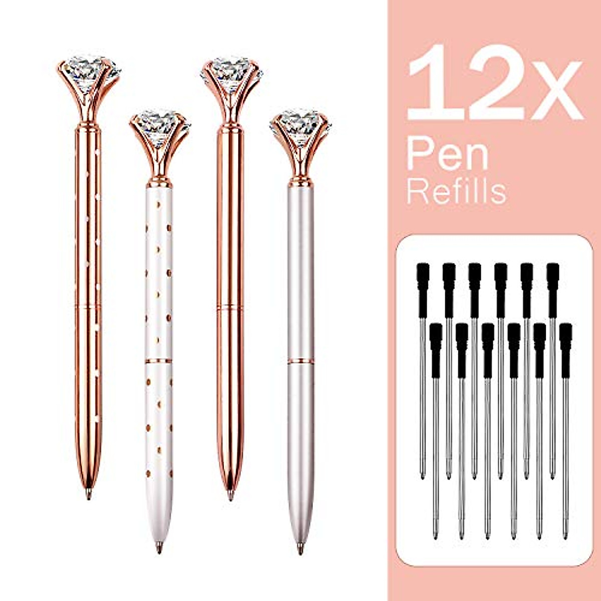 12 PCS Diamond Pen With Big Crystal Bling Metal Ballpoint Pen, Office Supplies And School, Rose Gold/White Rose Polka Dot/Silver/Rose Gold With White Polka Dots, Includes 12 Pen Refills