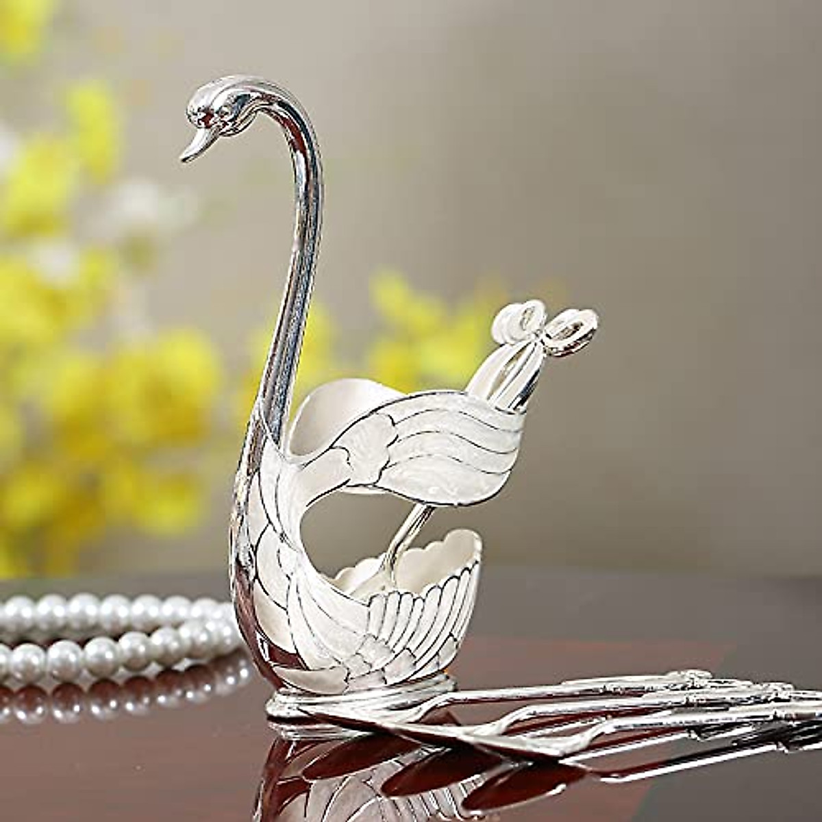 Metal Spoon Set Includes Swan Base Holder And 6 Spoons, Coffee Dessert Flatware Dinnerware Set With Organizer (Silver)