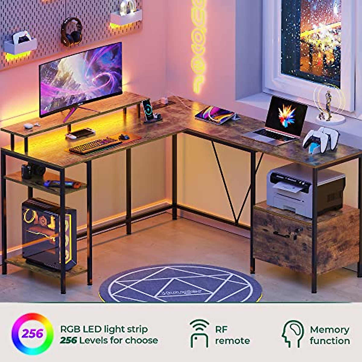 Huuger L Shaped Computer Desk with Power Outlets & LED Lights, Reversible Computer Desk with File Cabinet & Storage Shelves, Corner Desk Home Office Desk, Rustic Brown