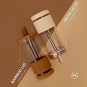 Pandaloo Glass Cups With Lids and Straws -20 Fl Oz- Perfect Size Iced Coffee Cup - Smoothie Cup With Bamboo Lid and On the go Lid - Glass Tumbler With Straw and Lid - BPA Free - Lilac Rhapsody