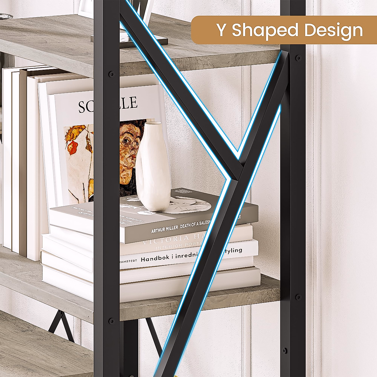 IDEALHOUSE Triple Wide 5 Tier Book Shelf, Tall Bookshelf with Open Display Shelves, Industrial Large Bookshelves and Bookcases with Metal Frame for Living Room, Bedroom, Home Office-Grey