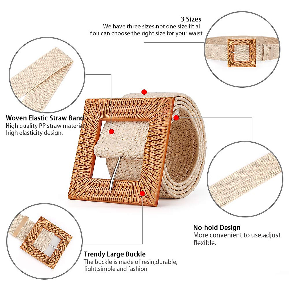 Women Belts For Dresses, Elastic Straw Rattan Waist Band With Large Buckle