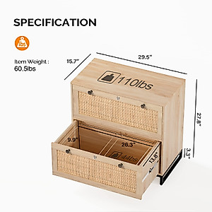 VINGLI Wood Rattan 2-Drawer Lateral File Cabinet with Lock for Home Office, Lockable Filing Cabinet with Rustic Metal Handles for Hanging Letter/A4/Legal Size Labeled Folders, Oak, 30W x 16D x 28H