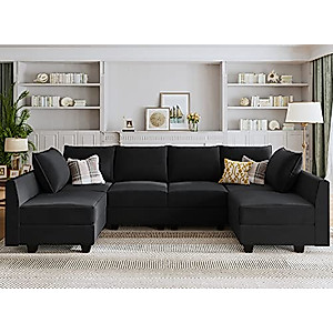 HONBAY Convertible Sectional Sofa Velvet U Shaped Couch with Reversible Chaise Modular Sectional Couch 6 Seater Sofa with Storage Seat, Black