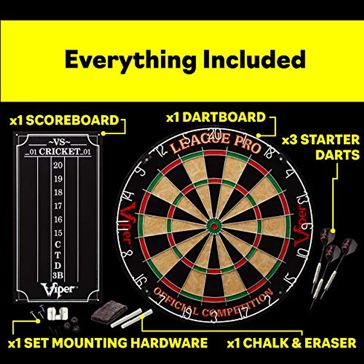 Viper League Pro Regulation Bristle Steel Tip Dartboard Starter Set with Staple-Free Bullseye, Radial Spider Wire, High-Grade Sisal with Rotating Number Ring, Chalk Cricket Scoreboard, Steel Tip Darts