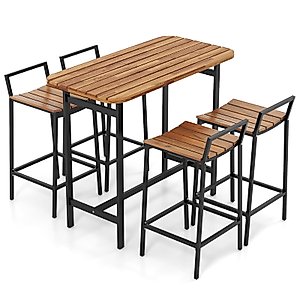 Tangkula 5 Piece Acacia Wood Bar Table Set, Outdoor Bar Height Table & Chairs with Metal Frame & Footrest, Patio Bar Table Set for 4, Patio Furniture Bistro Set for Deck, Garden & Poolside