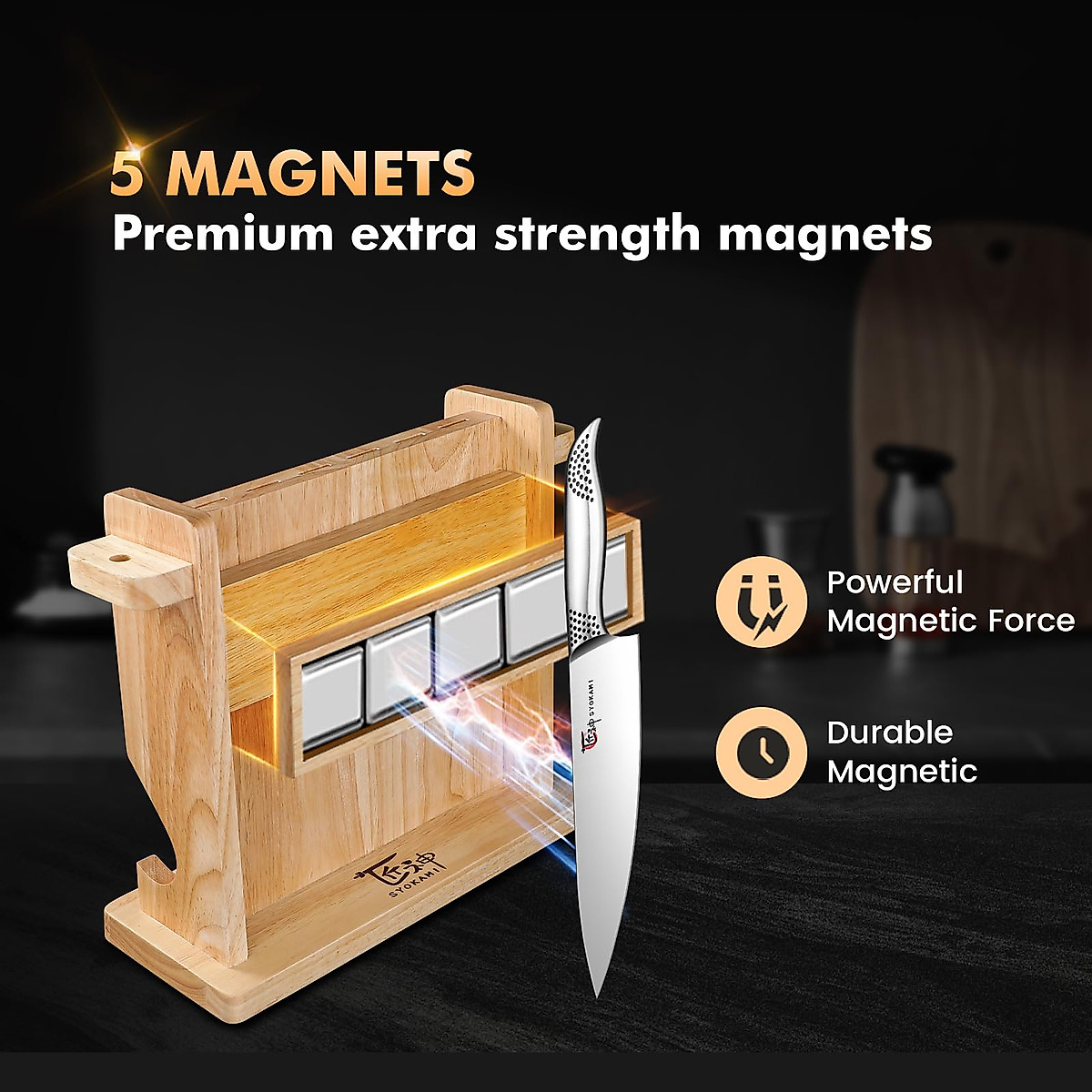 SYOKAMI Kitchen Knife Set, 14 Pieces Japanese Style Knife Block Set with Magnetic Holder, High Carbon Stainless Steel Ultra Sharp Knives for kitchen with Ergonomic Handle and Sharpener, Black Dot